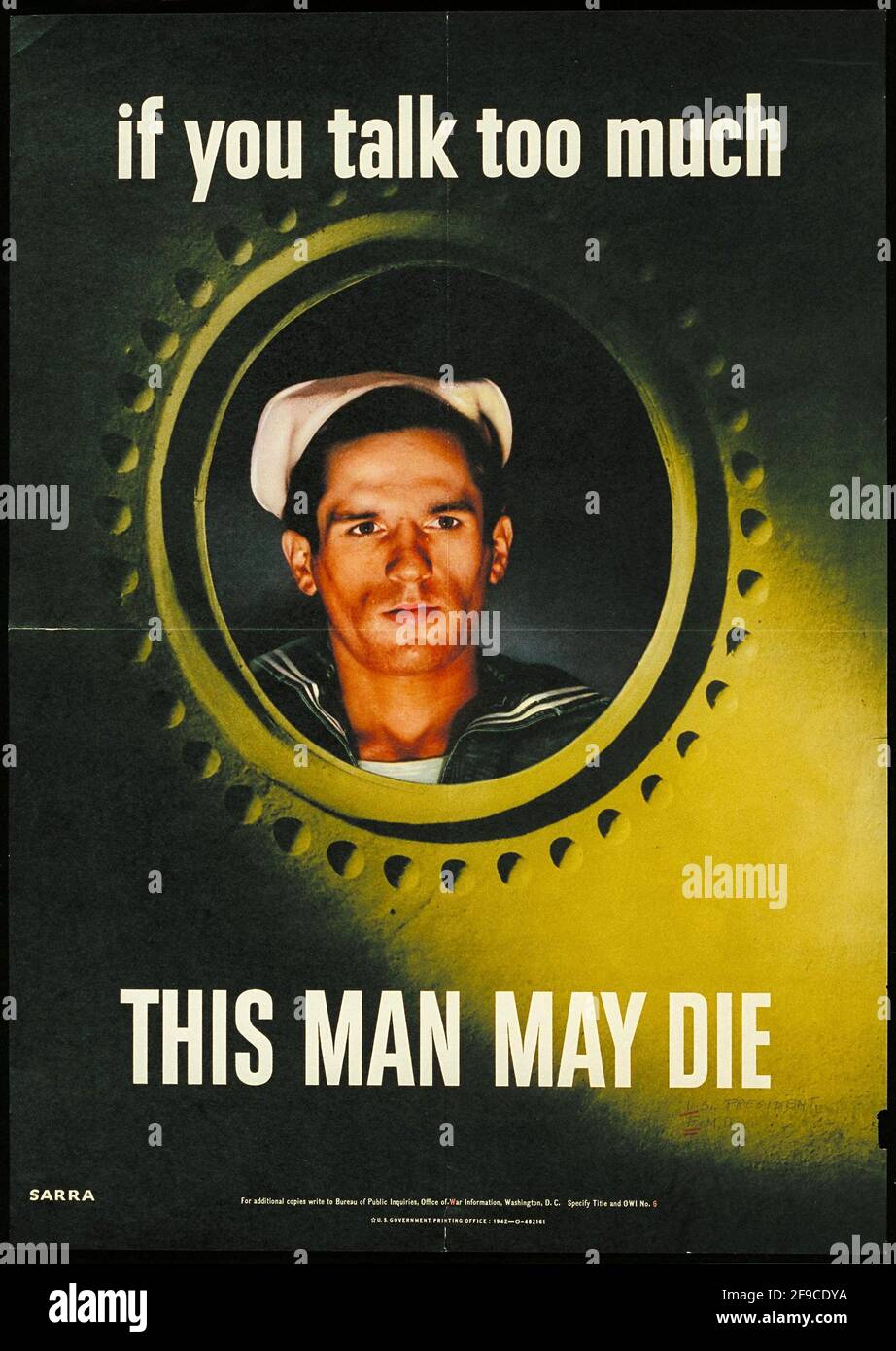 A vintage WW2 poster warning the public of the dangers of careless talk ...