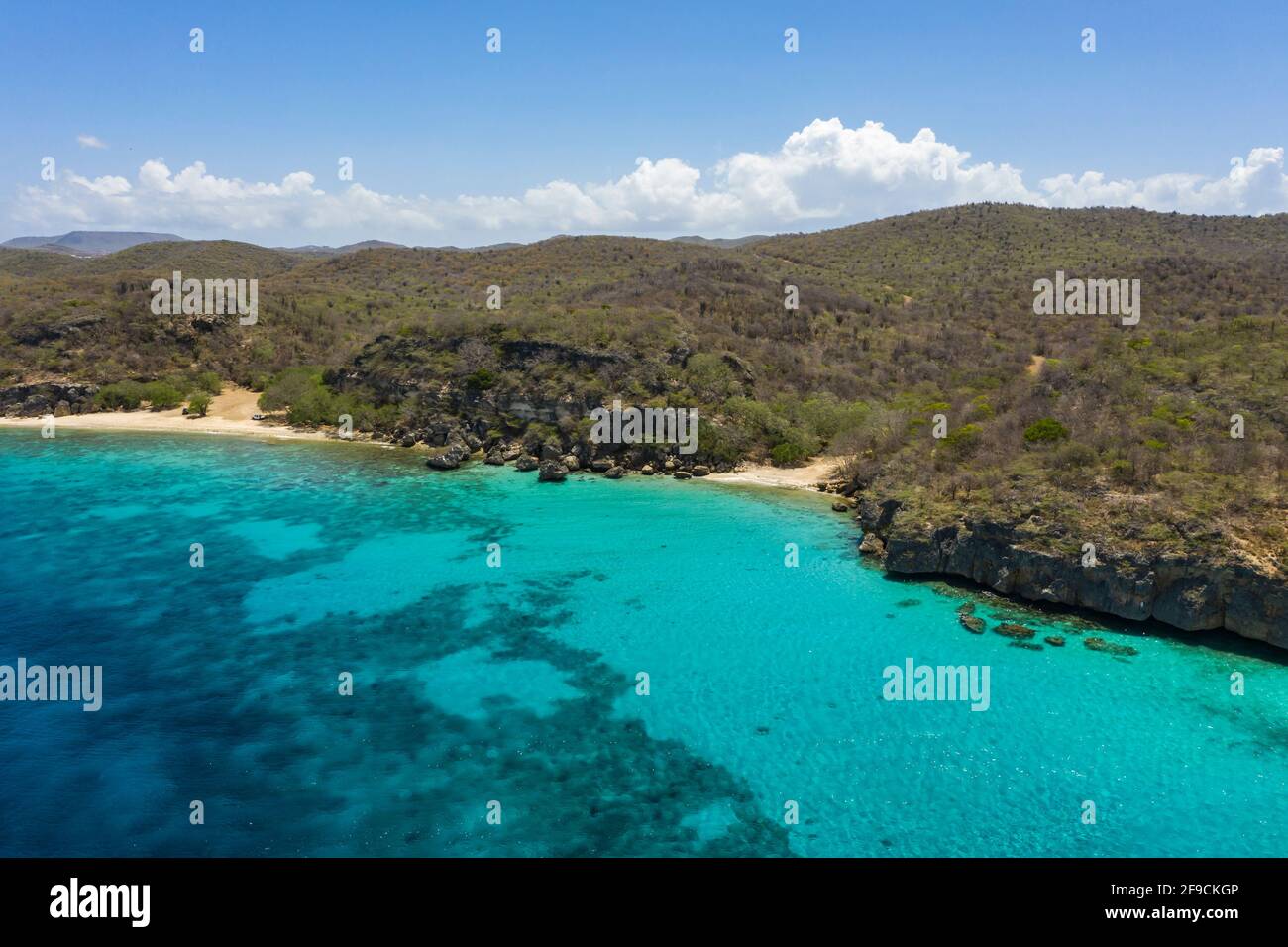 Aerial view above scenery of Curacao, Caribbean with ocean, coast and ...