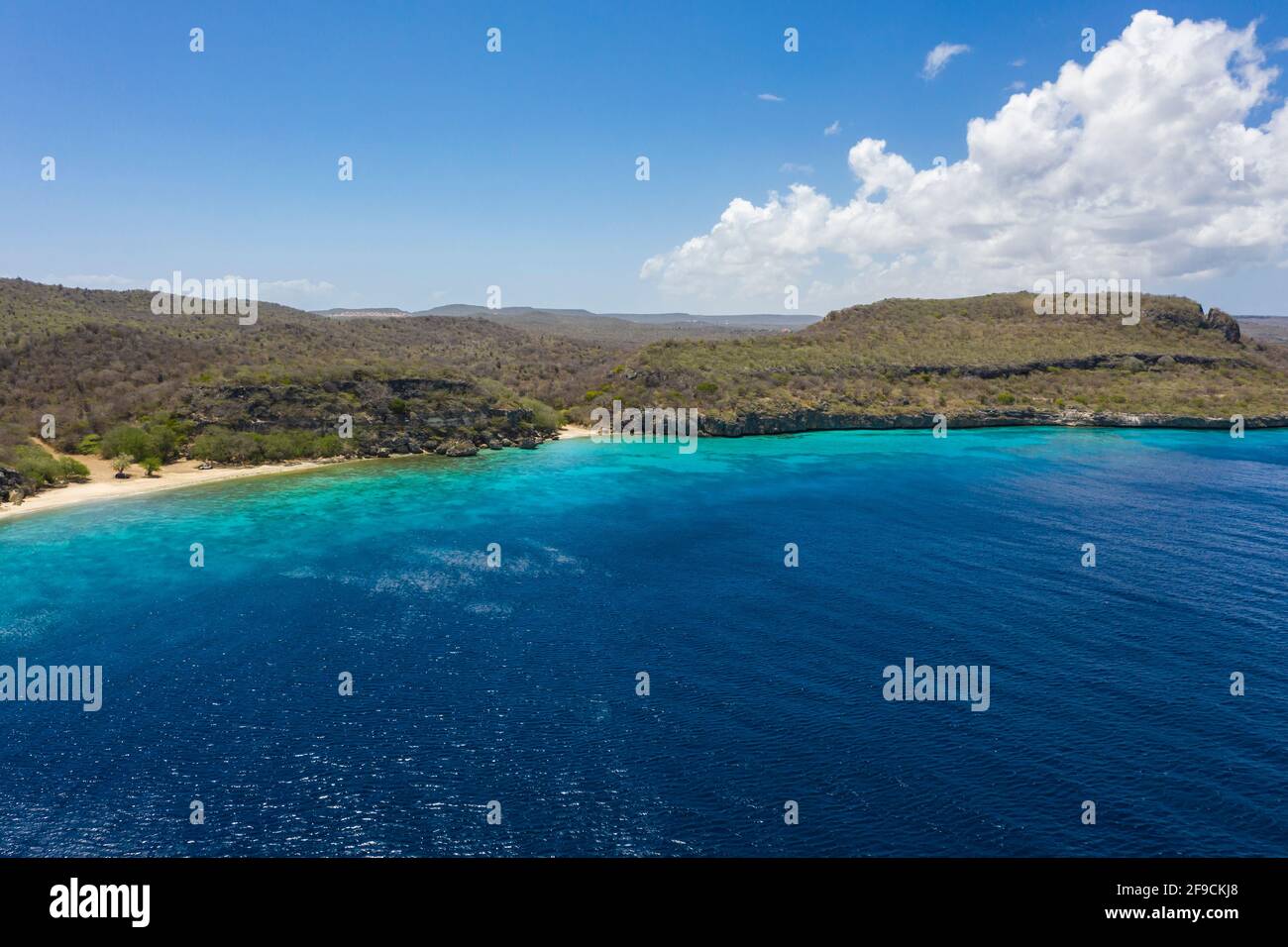 Aerial view above scenery of Curacao, Caribbean with ocean, coast and ...