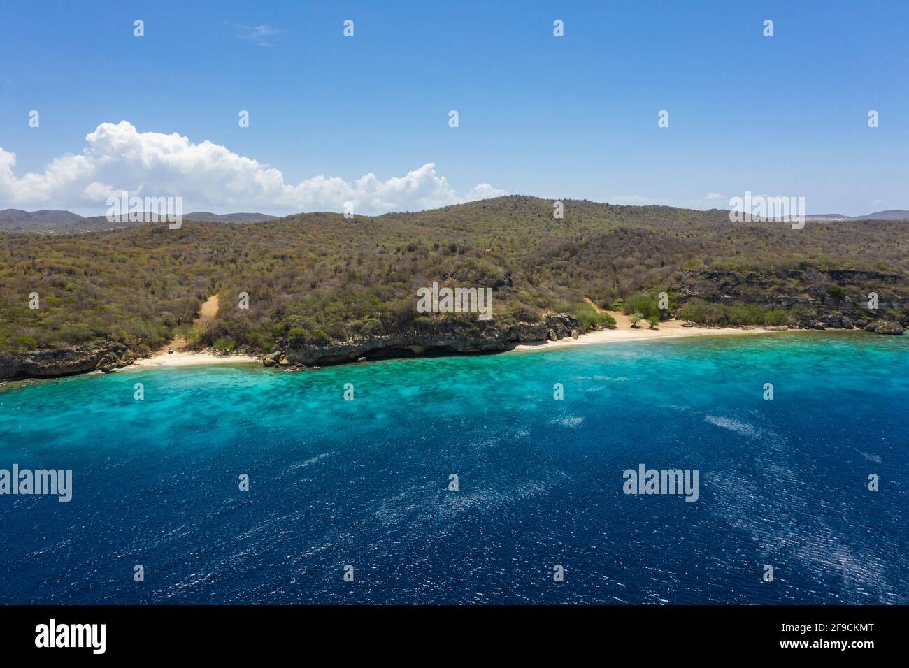 Aerial view above scenery of Curacao, Caribbean with ocean, coast and ...