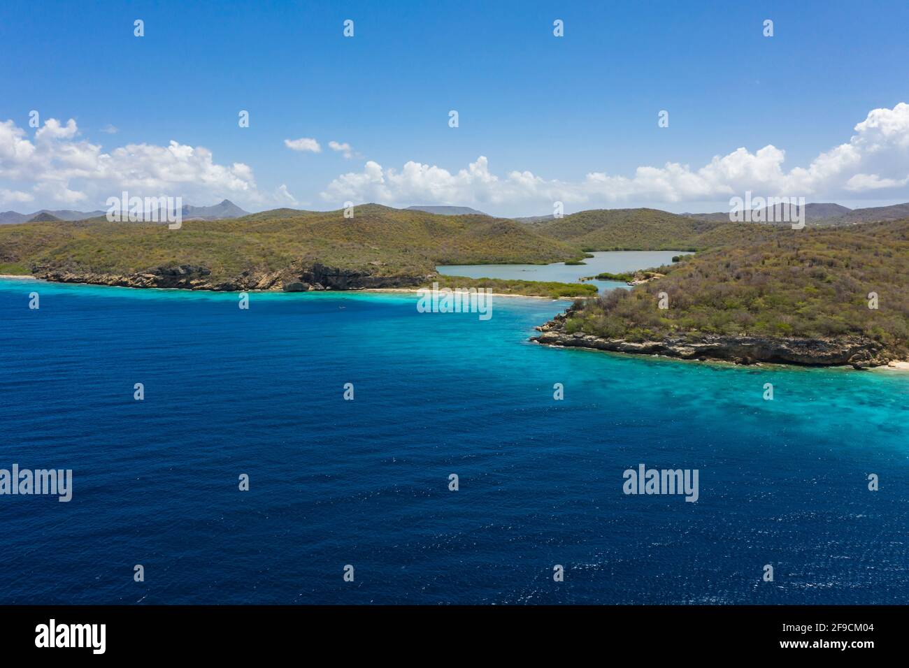 Aerial view above scenery of Curacao, Caribbean with ocean, coast and ...