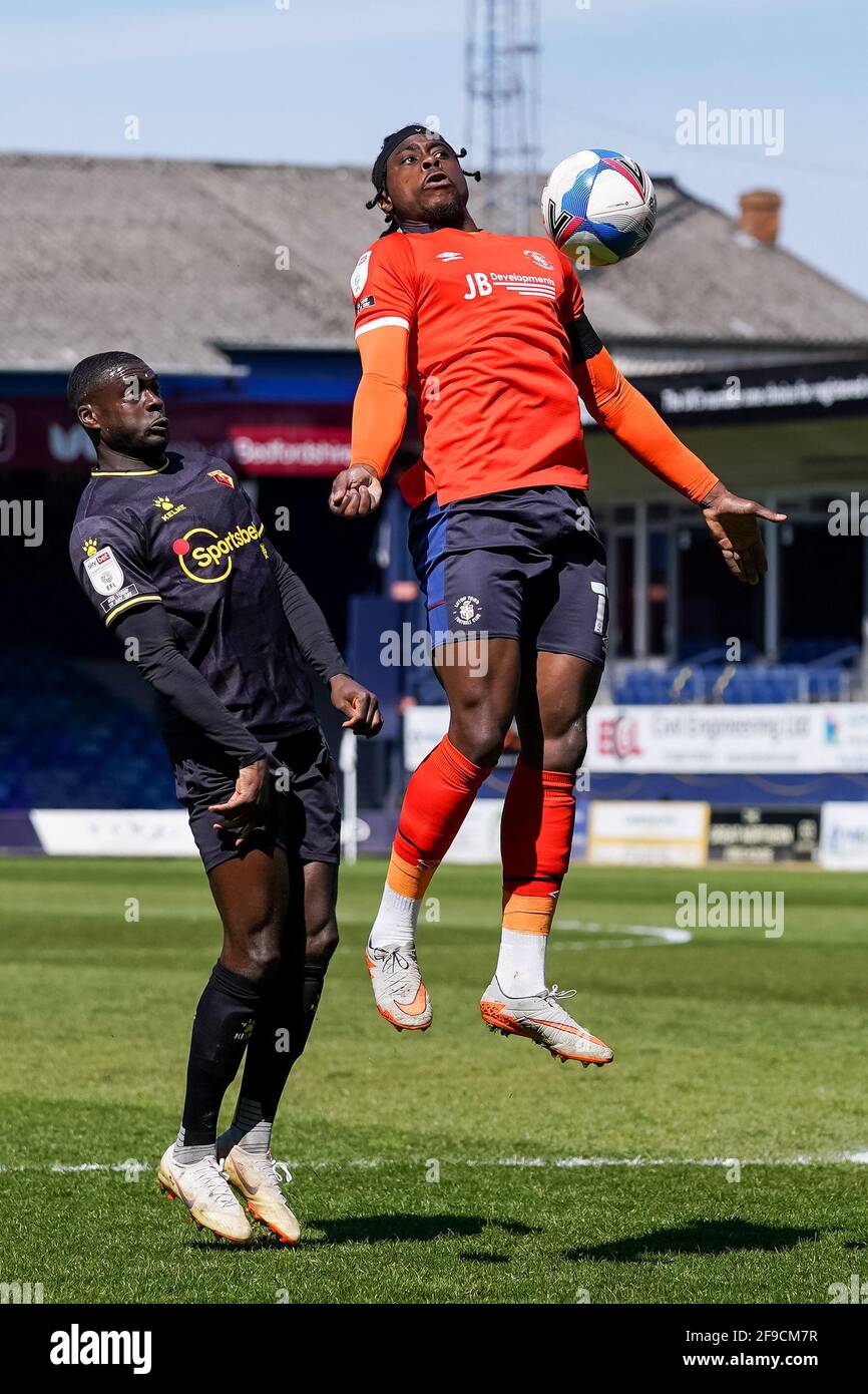 Luton, UK. 17th Apr, 2021. Pelly Ruddock Mpanzu #17 of Luton Town in ...