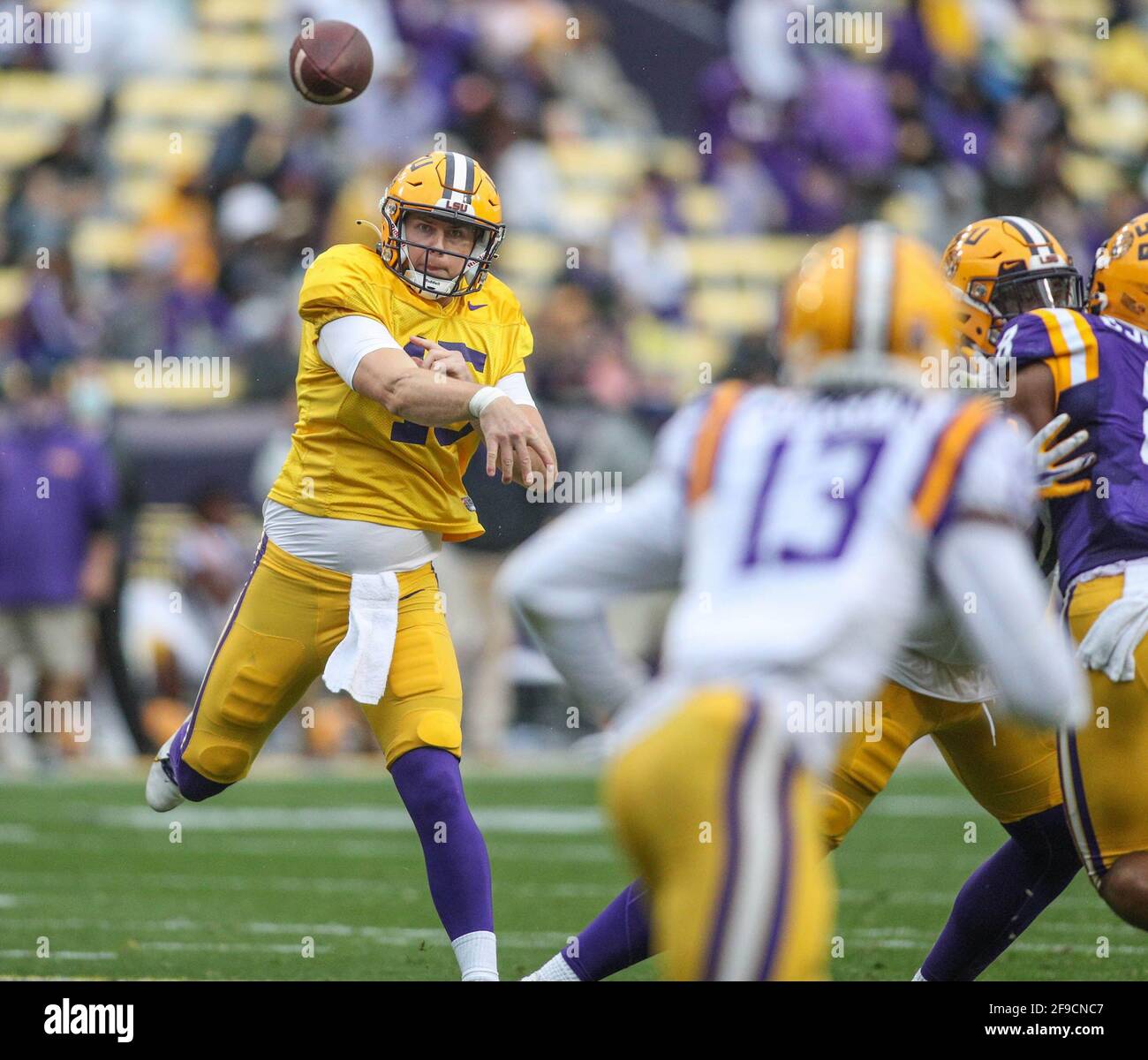 Baton Rouge, LA, USA. 17th Apr, 2021. LSU quarterback Myles Brennan (15 ...