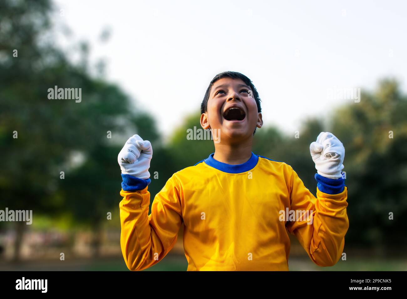 Soccer player shouting on the park Stock Photo - Alamy