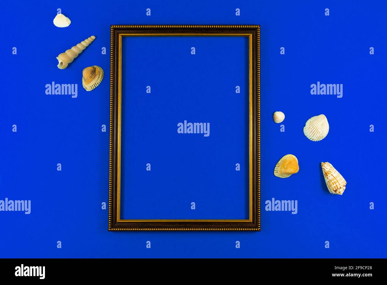 Summer flat lay composition with wooden frame and seashell on a blue ...