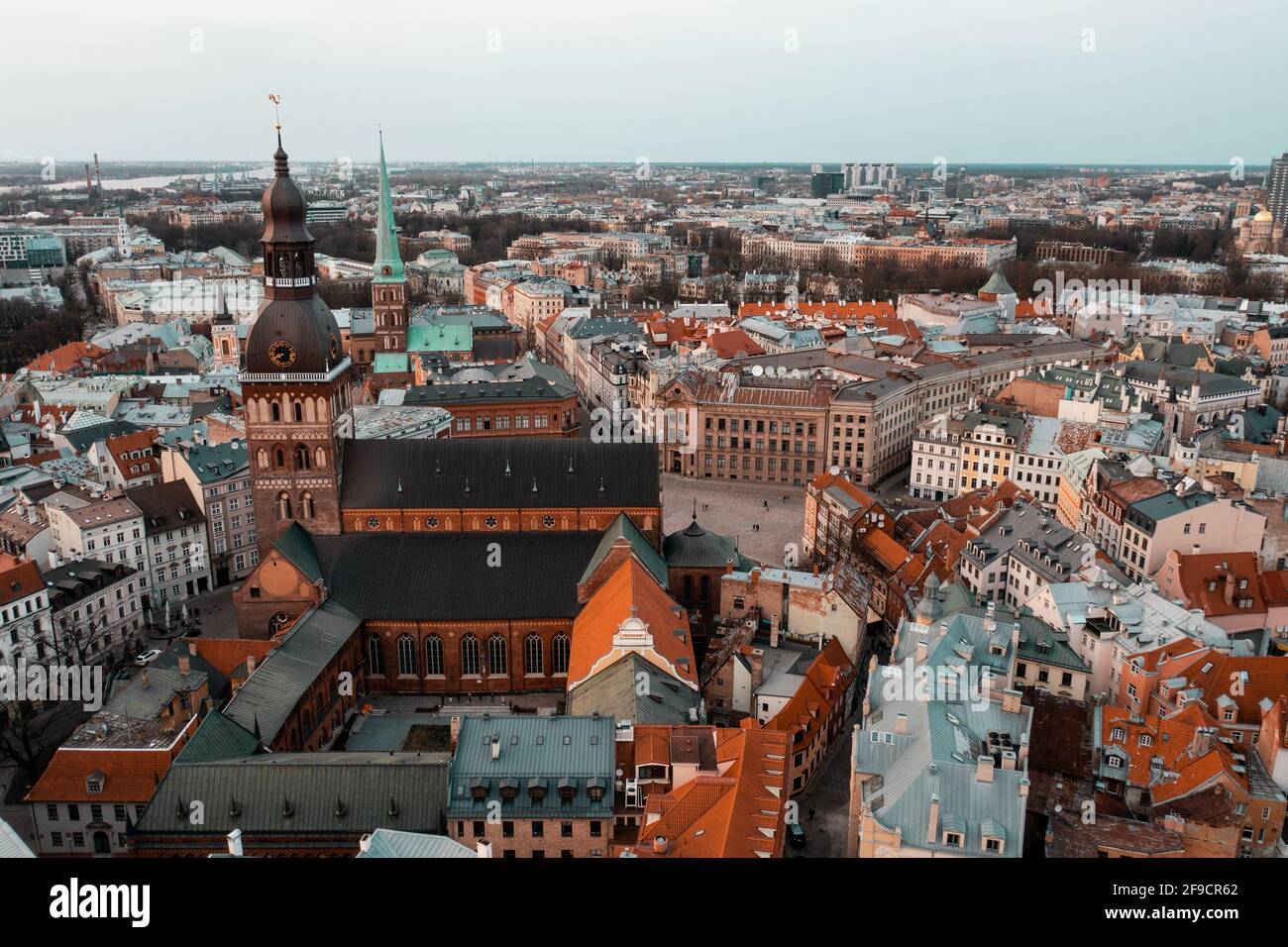 RIga rooftop view panorama at sunset with urban architectures and ...