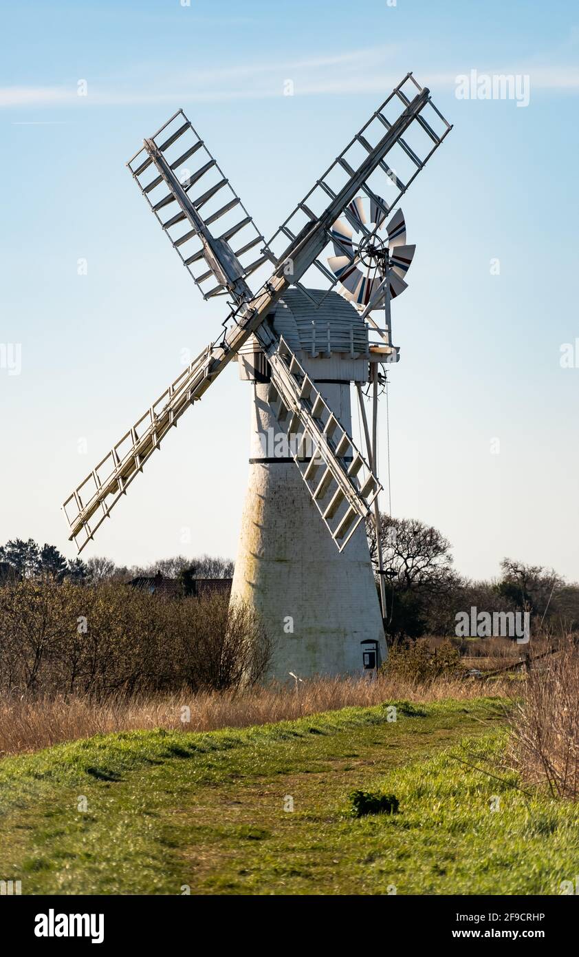 Traditional windmill beside the river Bure in the Norfolk countryside ...