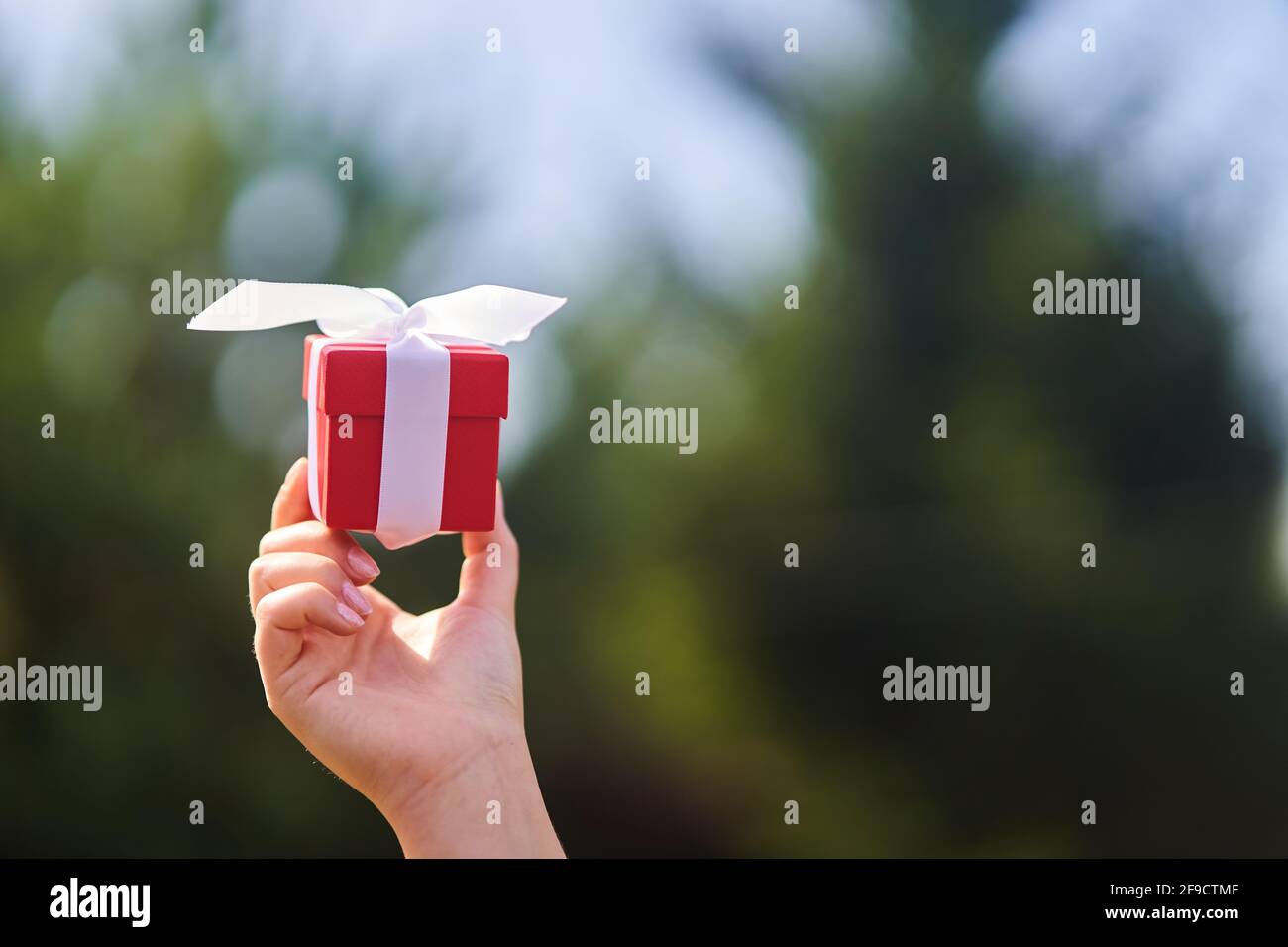 Woman holding small red present box in hands Stock Photo - Alamy