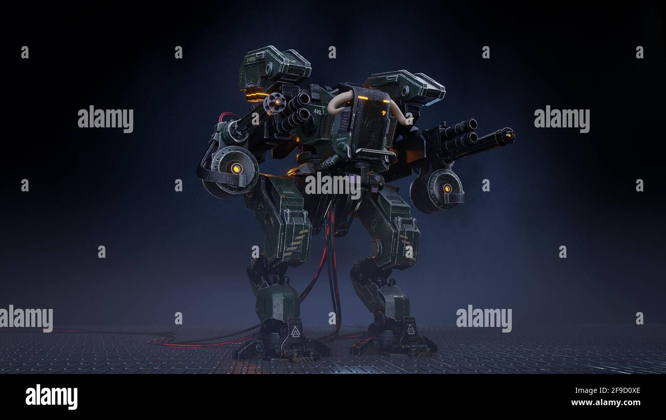 A huge military robot stands in the middle of the ruined apocalyptic ...