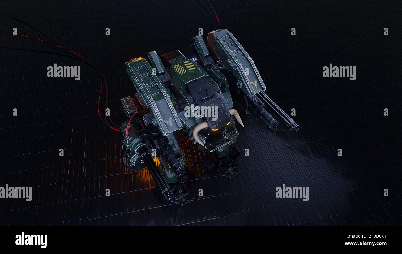 A huge military robot stands in the middle of the ruined apocalyptic ...