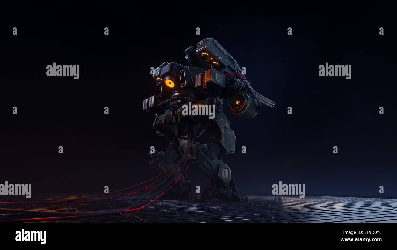 A huge military robot stands in the middle of the ruined apocalyptic ...