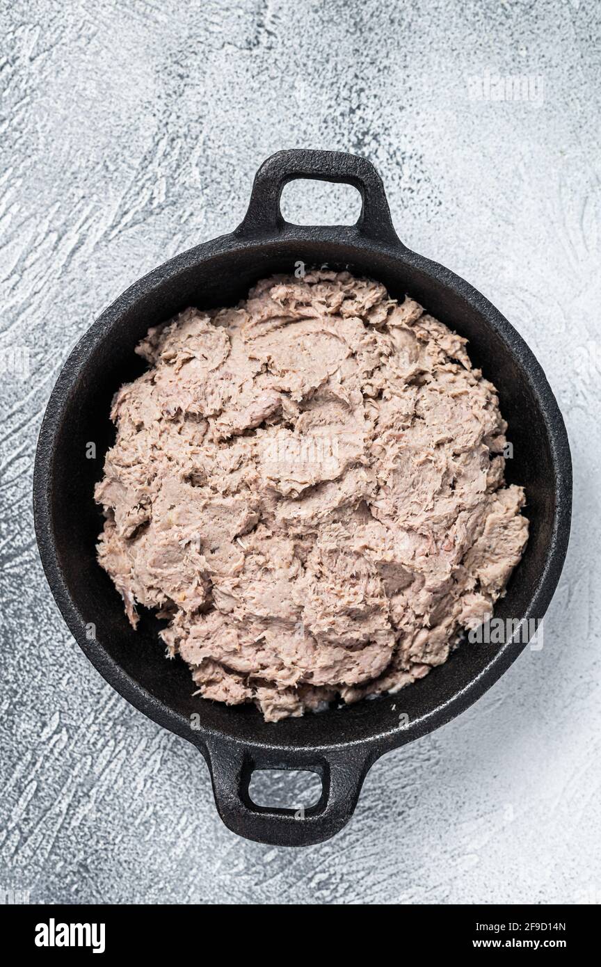Duck pate Rillettes de Canard in a pan. White background. Top View ...