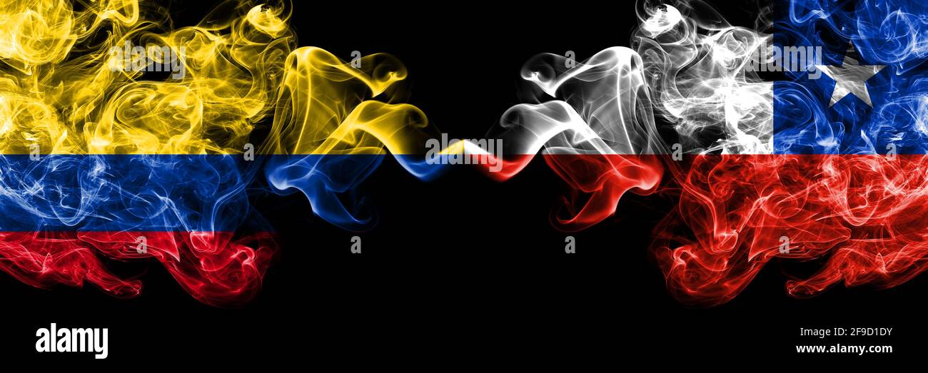 Colombia, Colombian vs Chile, Chilean smoky mystic flags placed side by ...