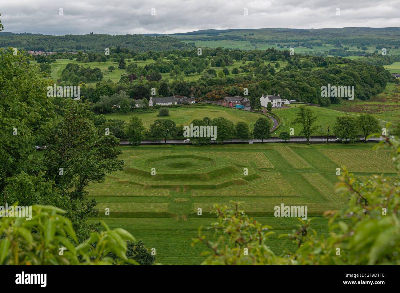 View of the Scottish countryside with creatively landscaped green ...