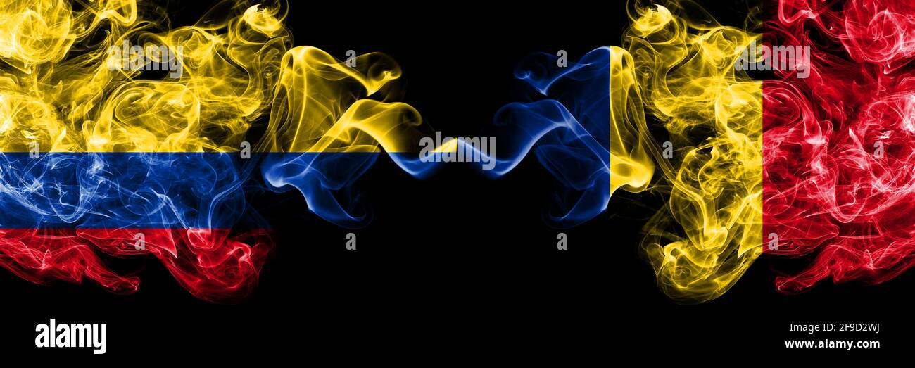 Colombia, Colombian vs Romania, Romanian smoky mystic flags placed side ...