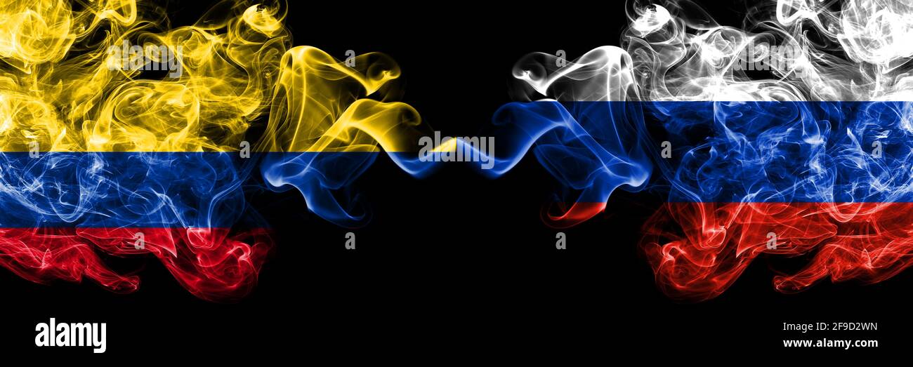 Colombia, Colombian vs Russia, Russian smoky mystic flags placed side ...