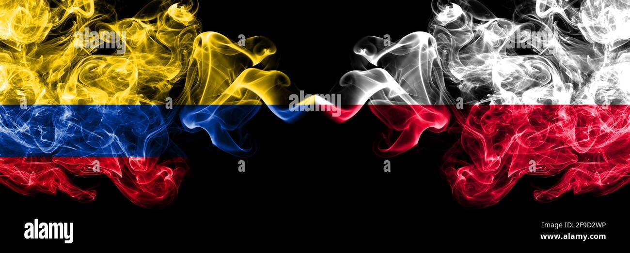 Colombia, Colombian vs Poland, Polish, Pole smoky mystic flags placed ...