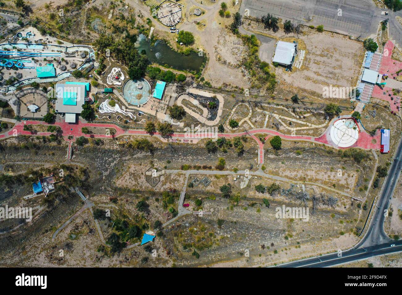 Aerial view of the waterslide area and recreational water park La ...
