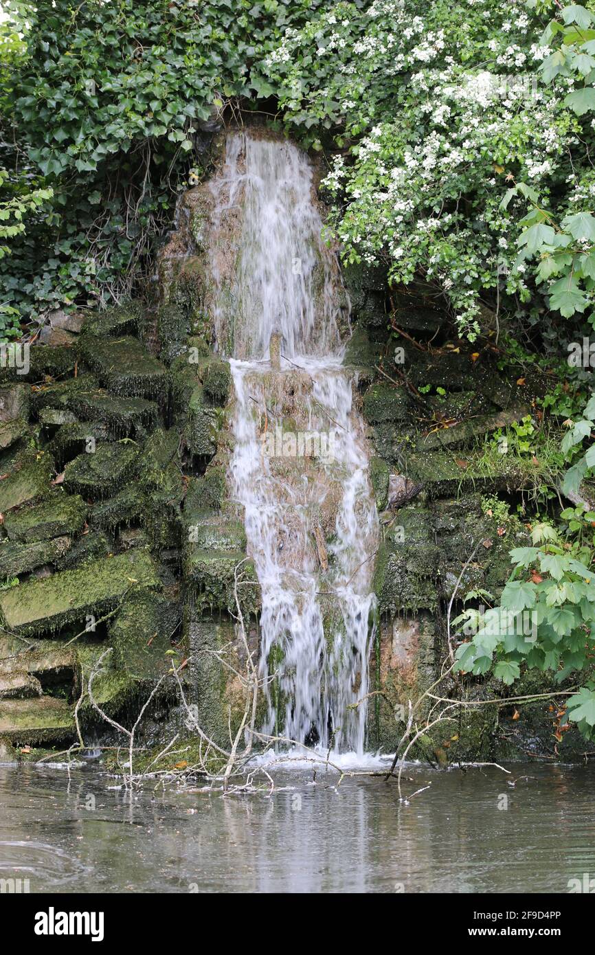 Waterfall over moss covered stones into a pond surrounded by trees and ...