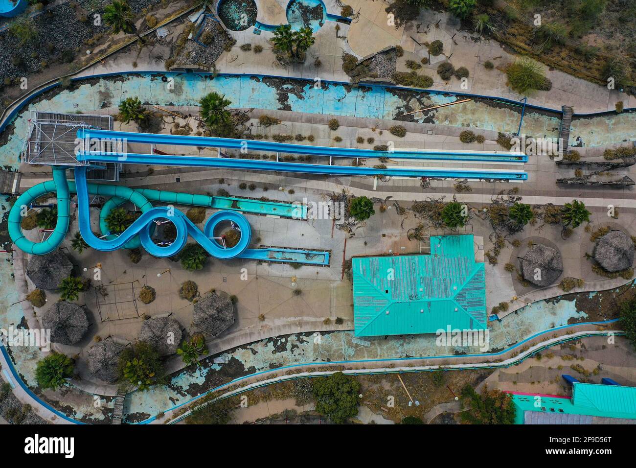 Aerial view of the waterslide area and recreational water park La ...