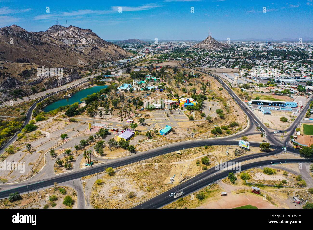 Aerial view, city landscape. La Sauceda Recreational Park in Hermosillo ...
