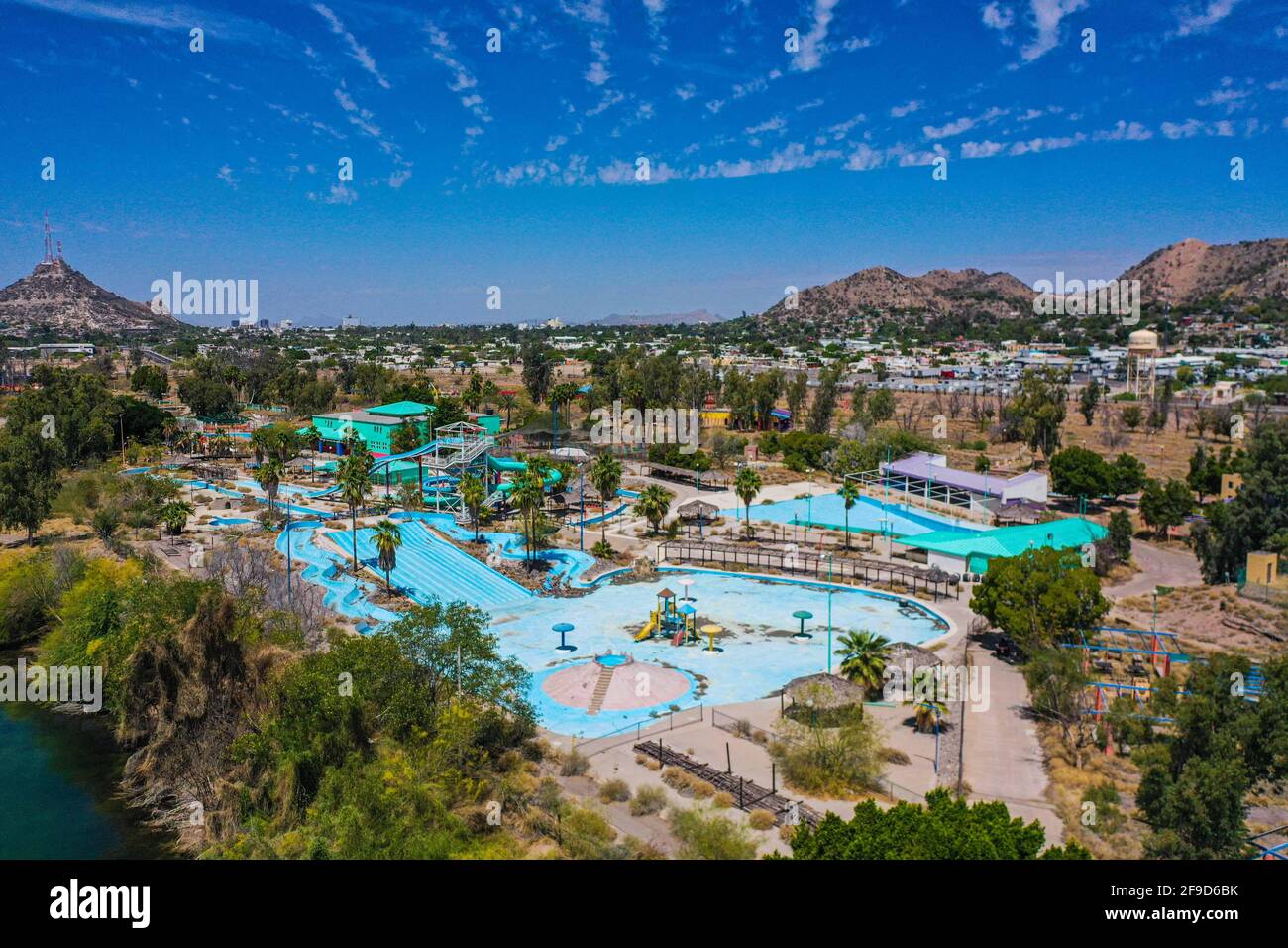 Aerial view of the waterslide area and recreational water park La ...