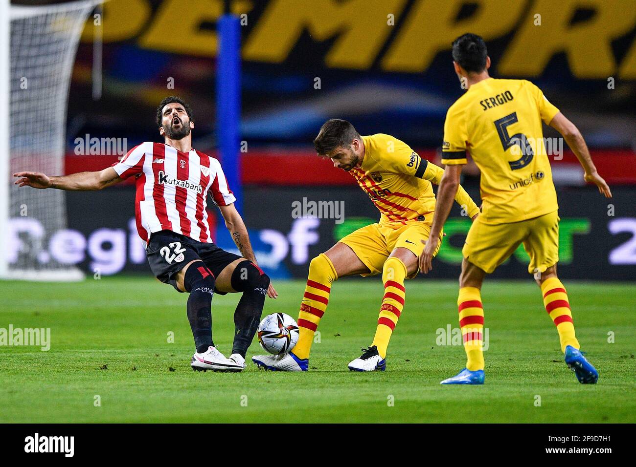 SEVILLE, SPAIN - APRIL 17: Raul Garcia of Athletic Bilbao, Gerard Pique ...