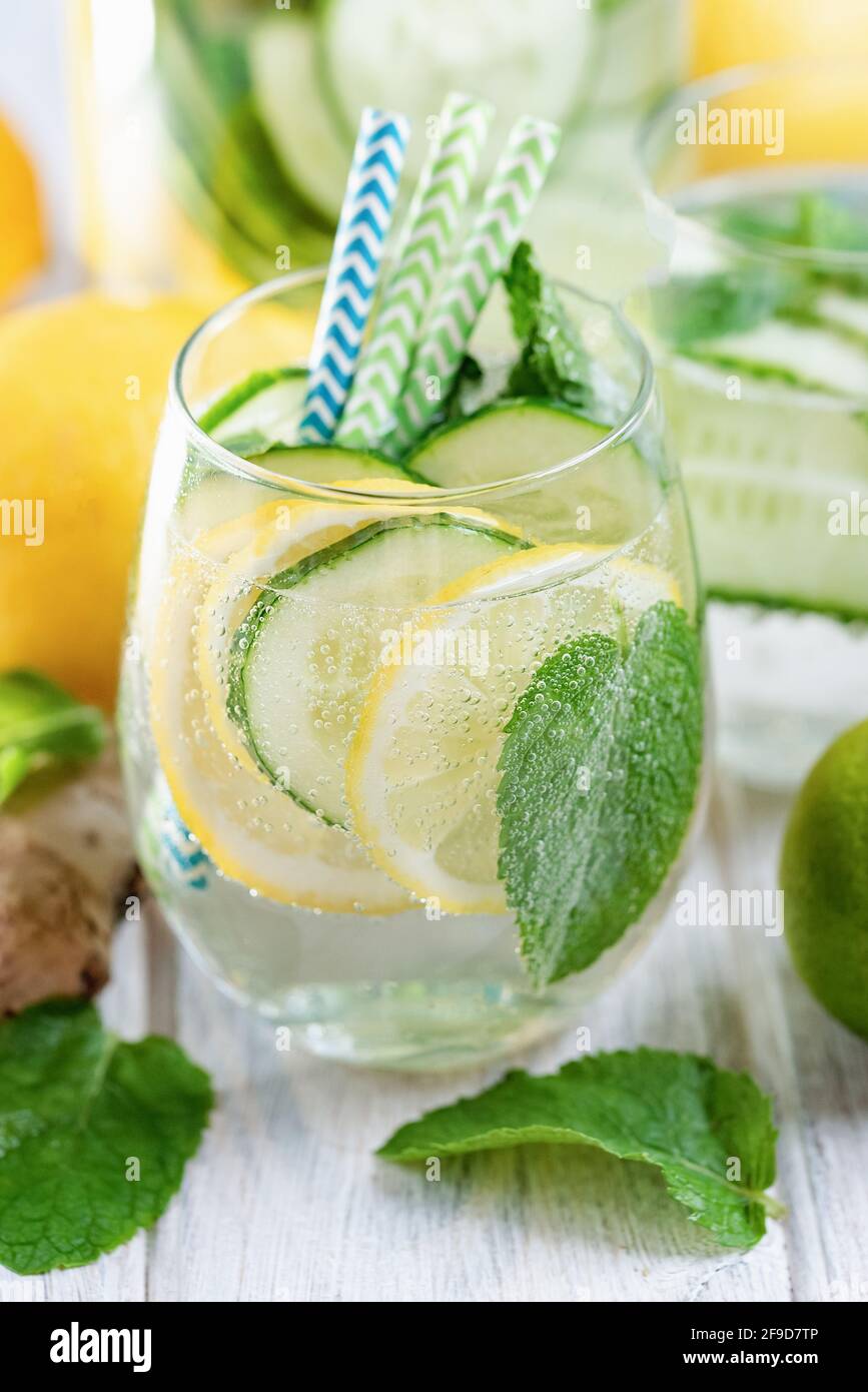 Detox refreshing sassy water with cucumber, ginger, mint and lemon in ...
