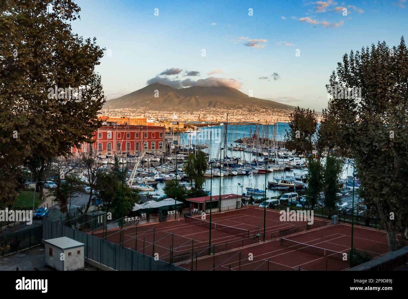 Vesuvio volcano. View from sea and from the city of Naples, Italy Stock ...