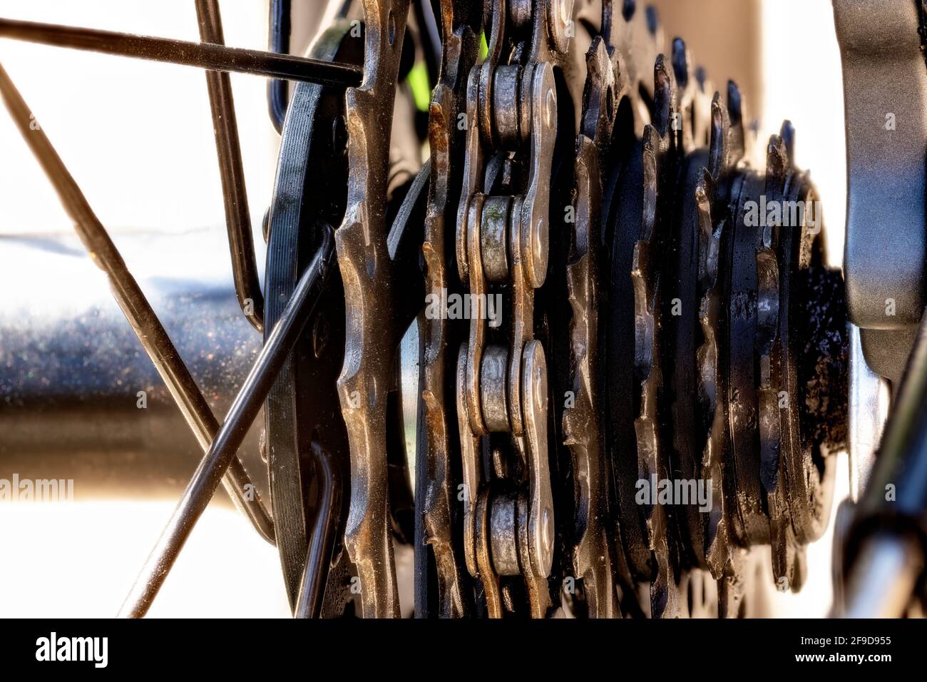 Bicycle chain feeds around the teeth of a 7-gear sprocket Stock Photo ...