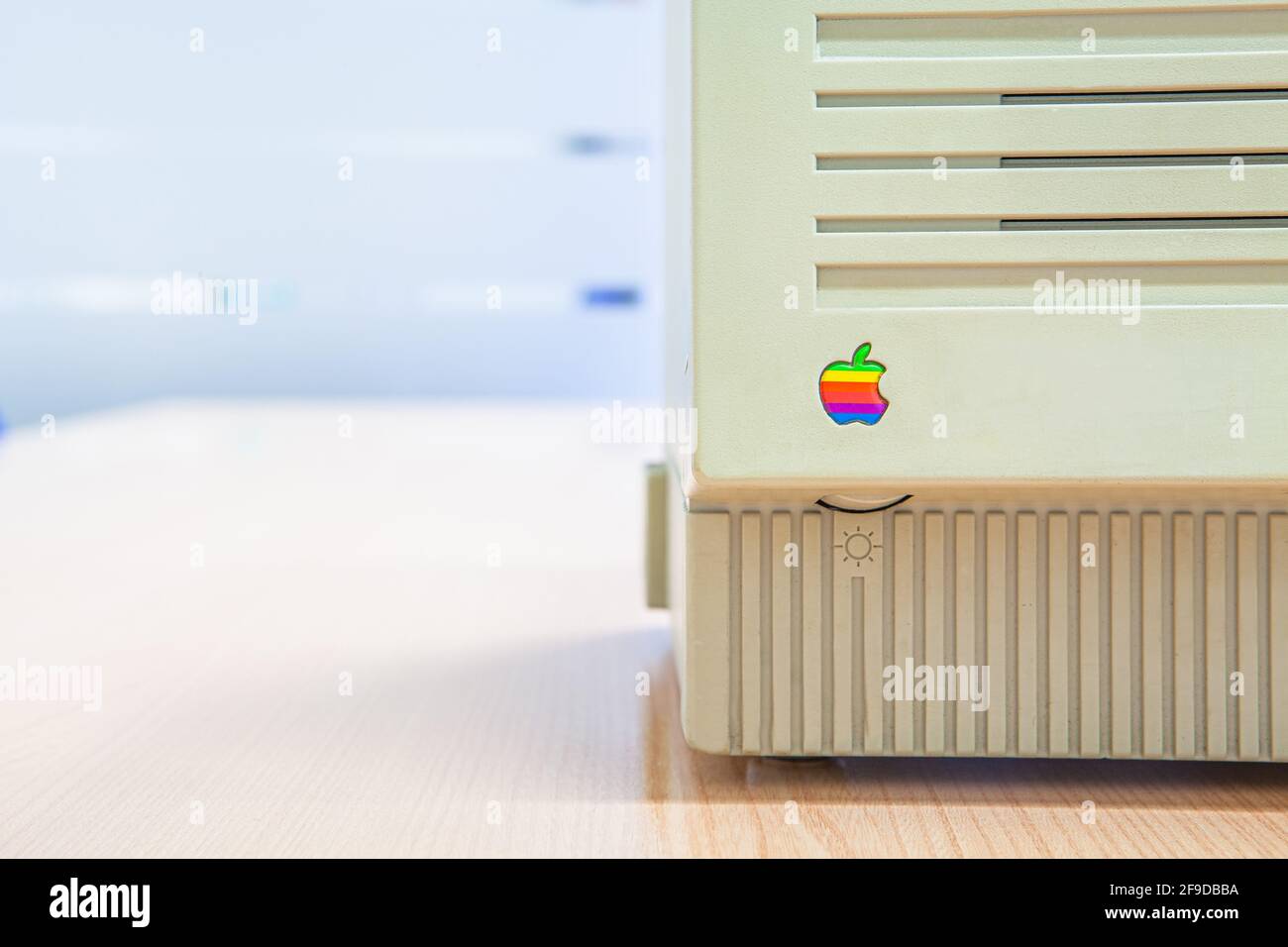 Apple workstation, antigue model of macintosh in a office background ...