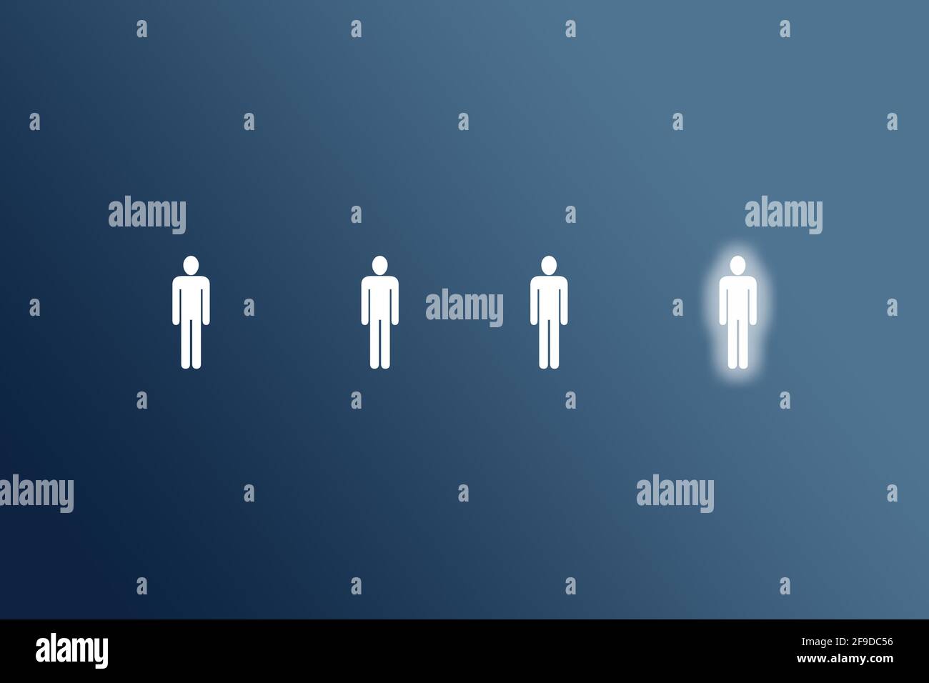 Flat illustration of four white human icons with one highlighted on a ...