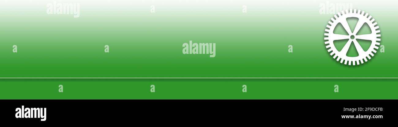 A gradient green background with the white icon of gears on the right ...