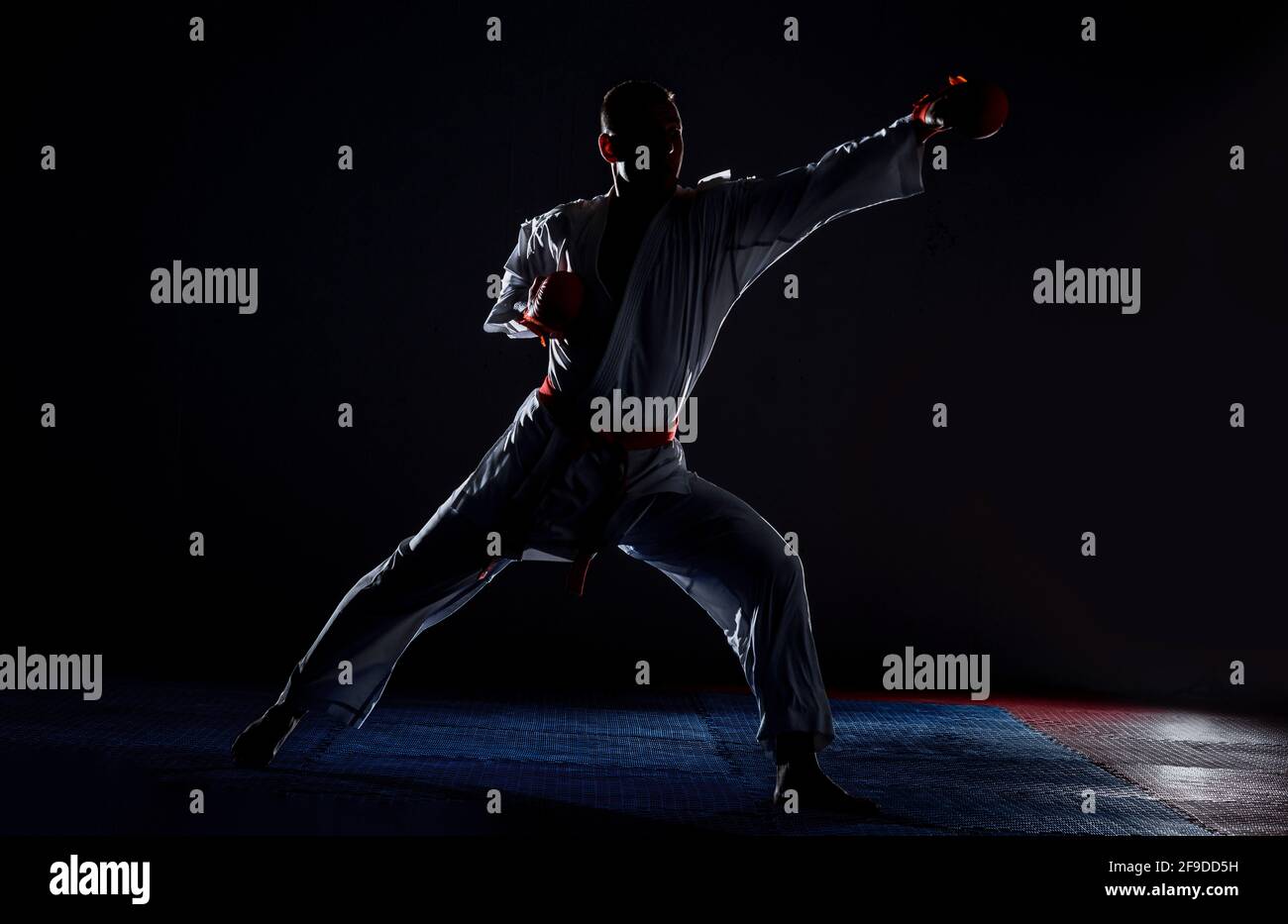 Male karate fighter performing kick isolated on dark background in the ...