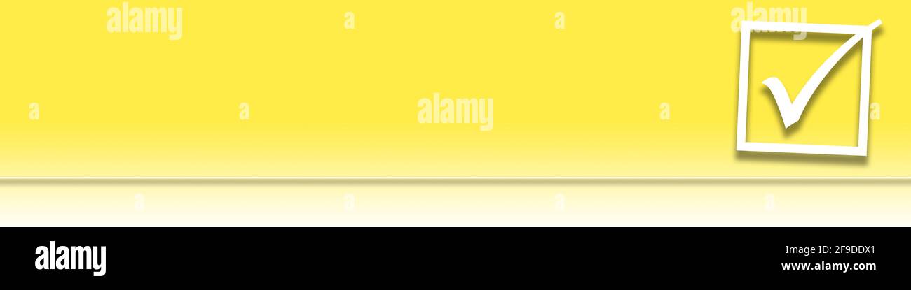 An illustration of check mark icon in a box on a yellow background with ...