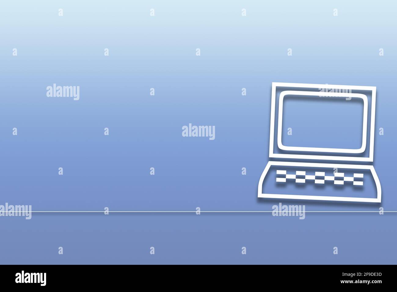 A gradient blue background with the white icon of a laptop on the right ...
