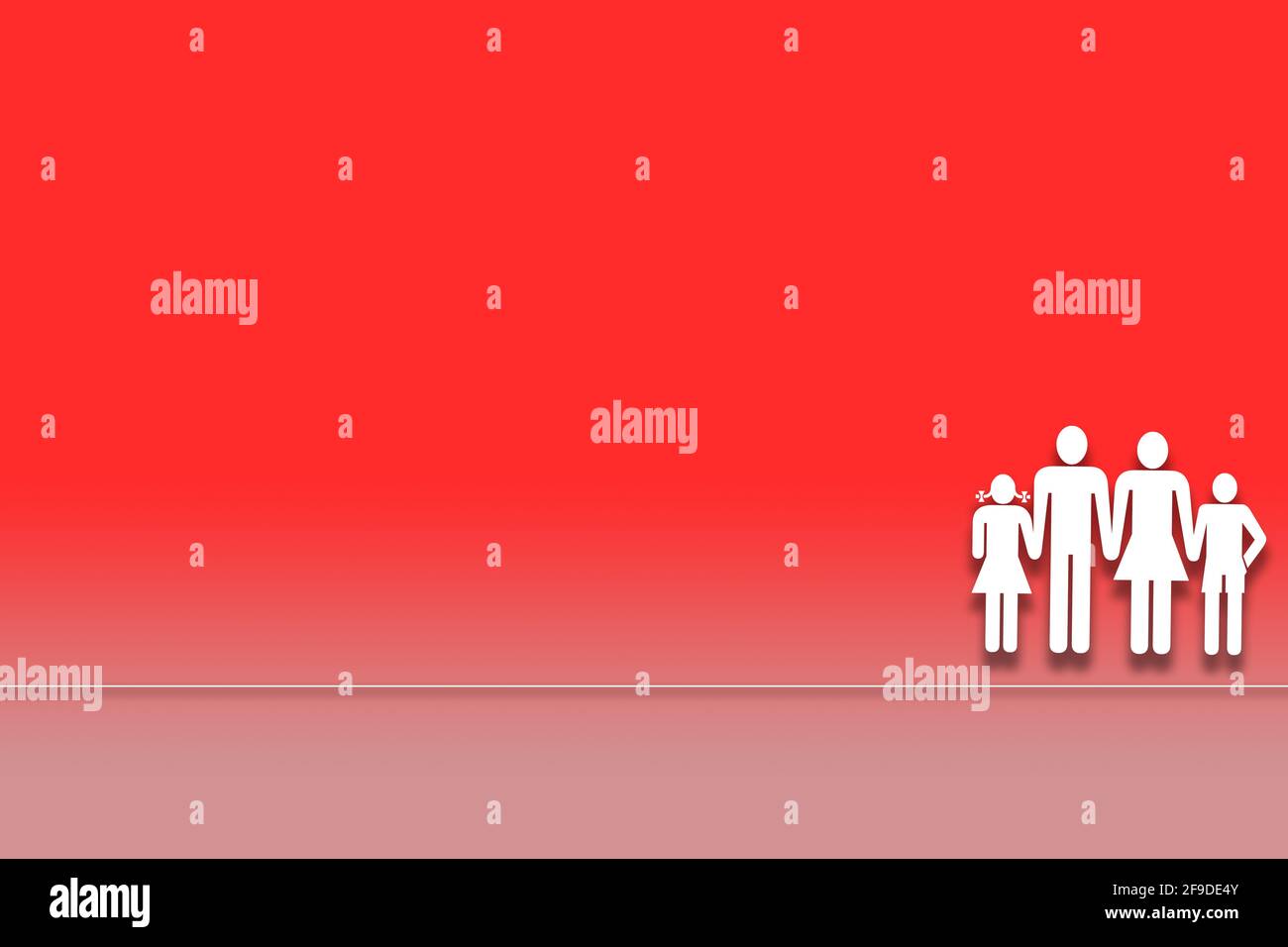 A gradient red background with the white icon of a traditional family ...