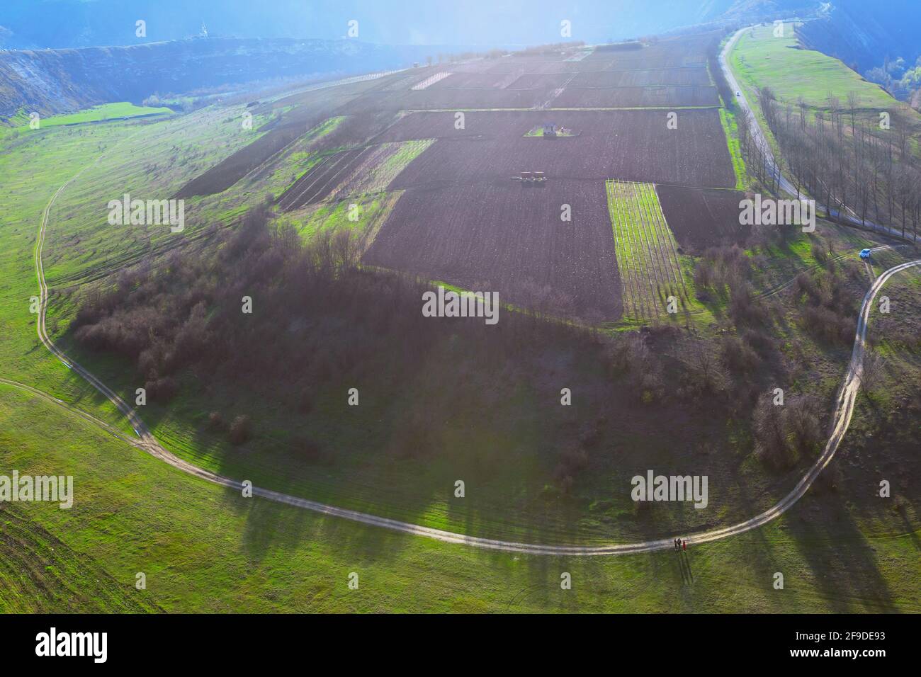 Aerial view of Country road around agricultural fields . Panoramic ...
