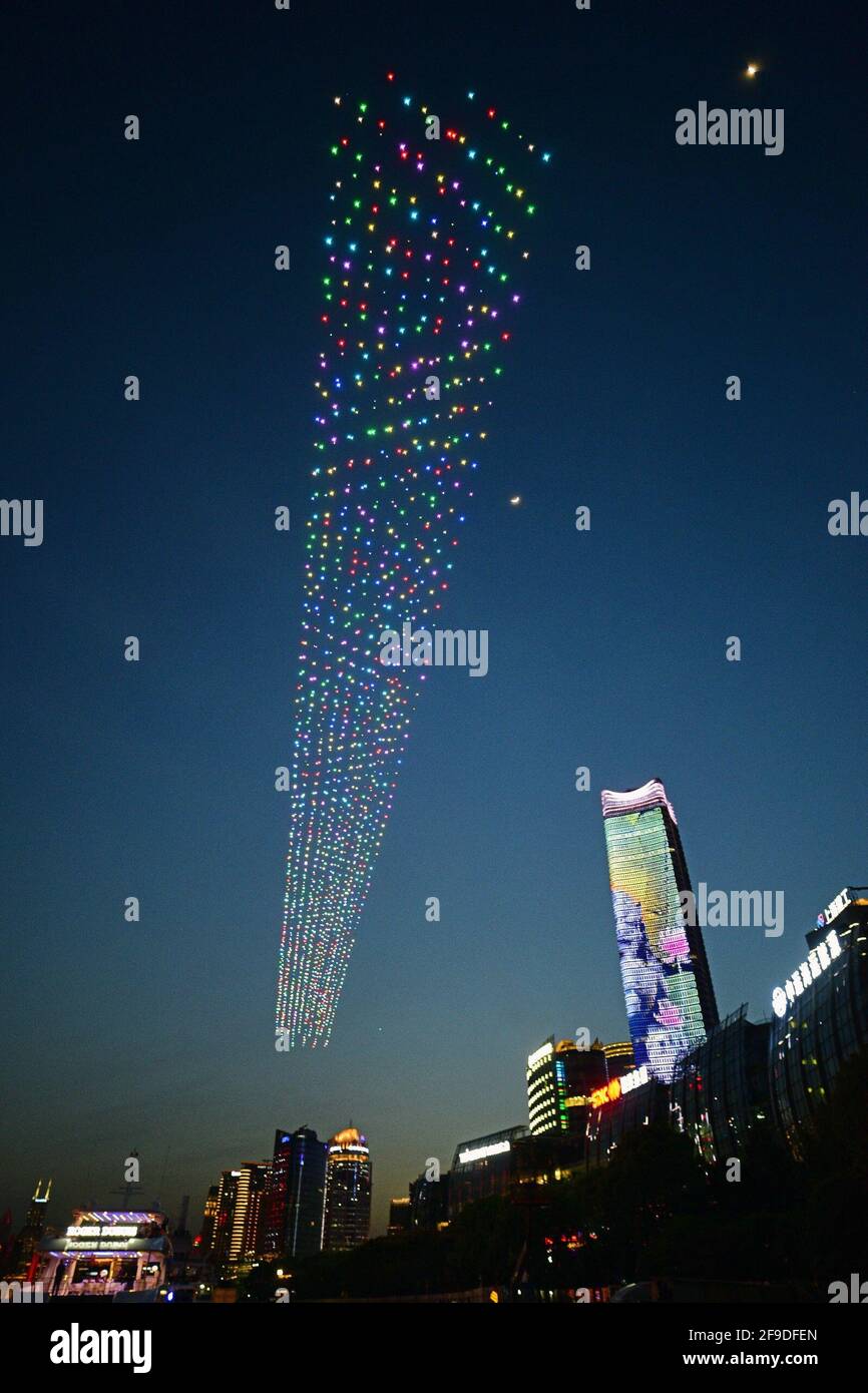 SHANGHAI, CHINA - APRIL 17, 2021 - A group of drones display the image ...