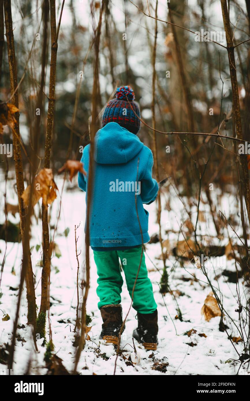 A rear view of a boy in winter clothes in a snow-covered forest Stock ...