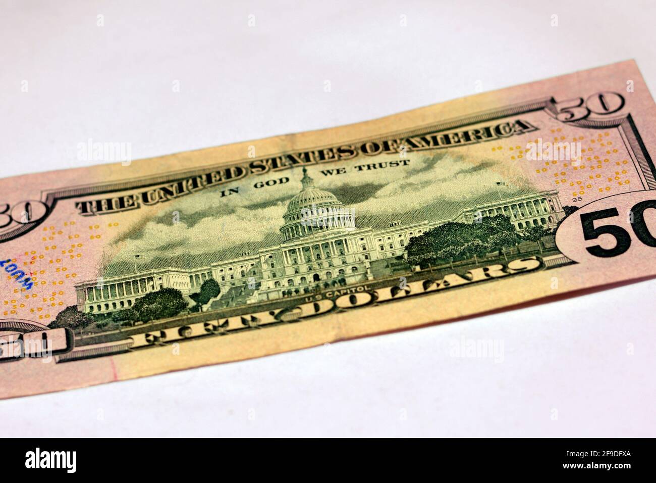 Reverse side of 50 dollars portrait, fifty American dollars banknote ...