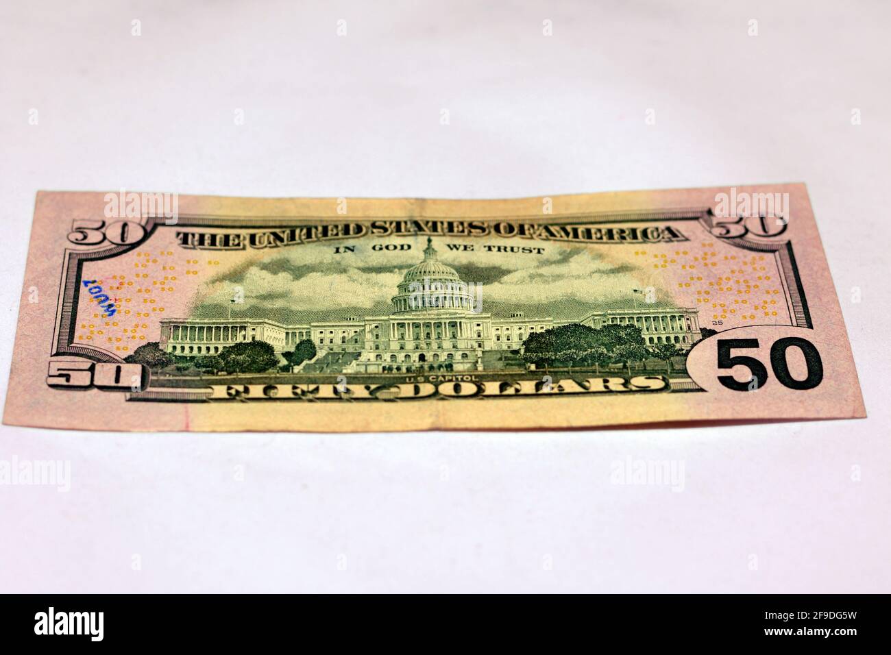 Reverse side of 50 dollars portrait, fifty American dollars banknote ...
