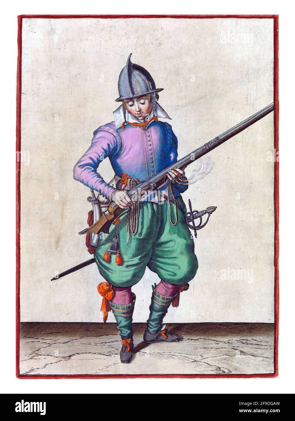 A soldier, full-length, to the right, shaking a rudder with both hands ...