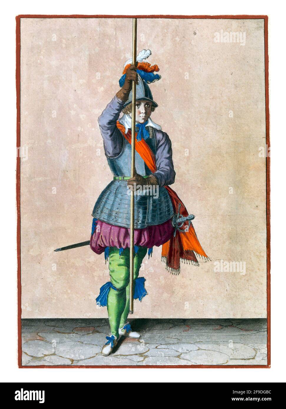 A soldier, full-length, holding a spear (lance) with both hands upright ...