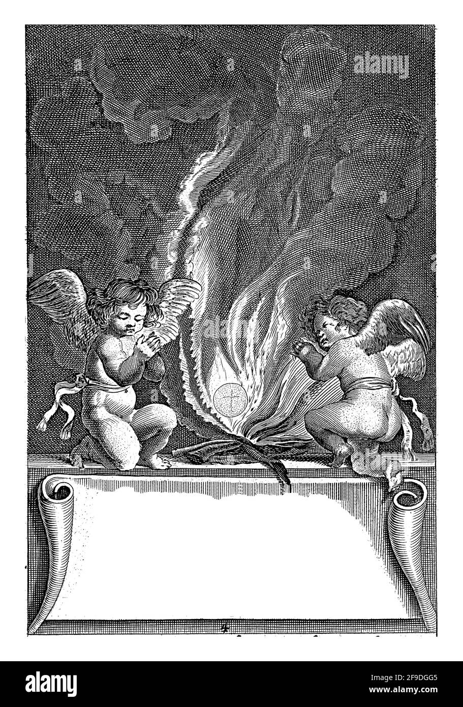 Two angels kneel on either side of the fire in which the host floats ...