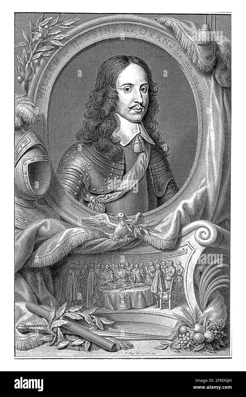 Portrait of Willem II in an oval with edge lettering. There are a ...