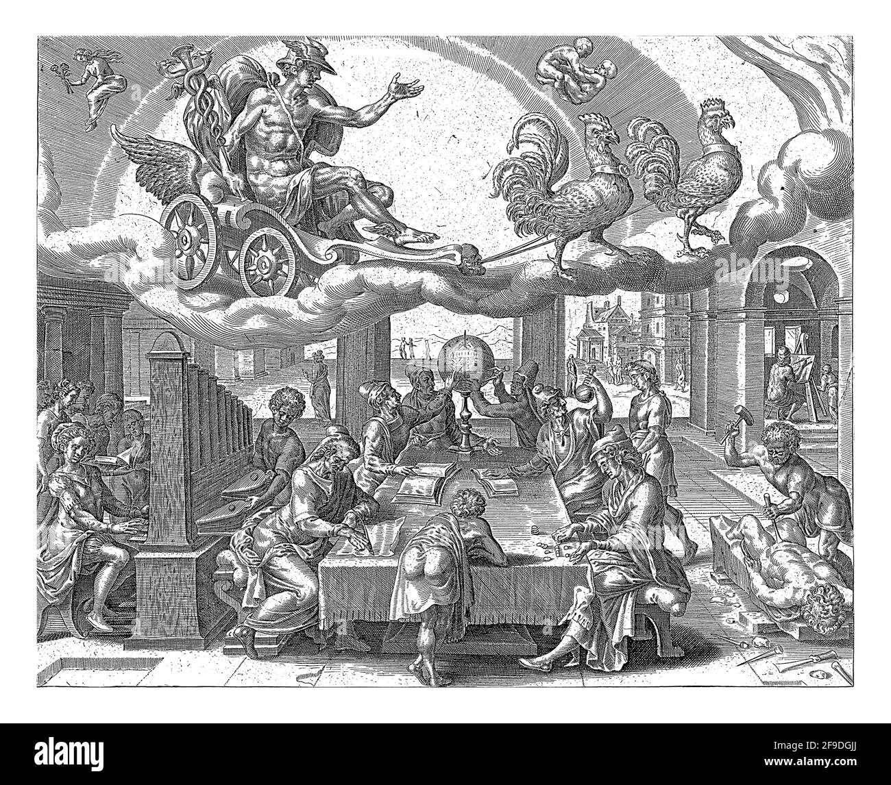 Mercury rides in his chariot in the sky, pulled by two roosters. The ...