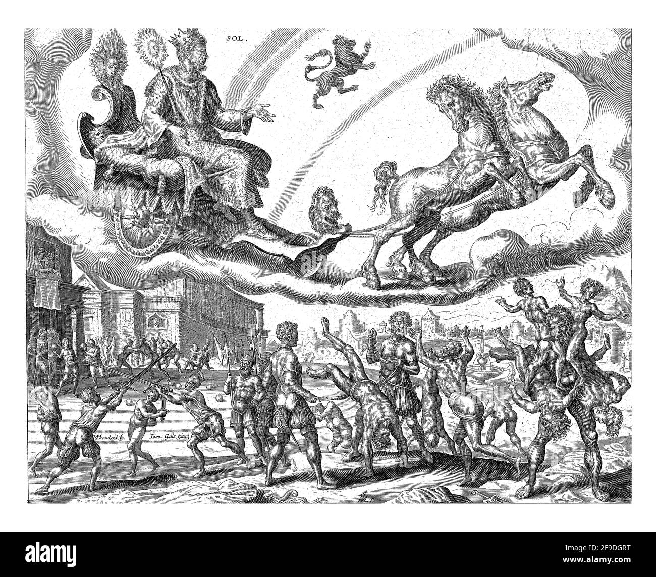 The sun god Sol rides in his chariot in the sky, drawn by two horses ...