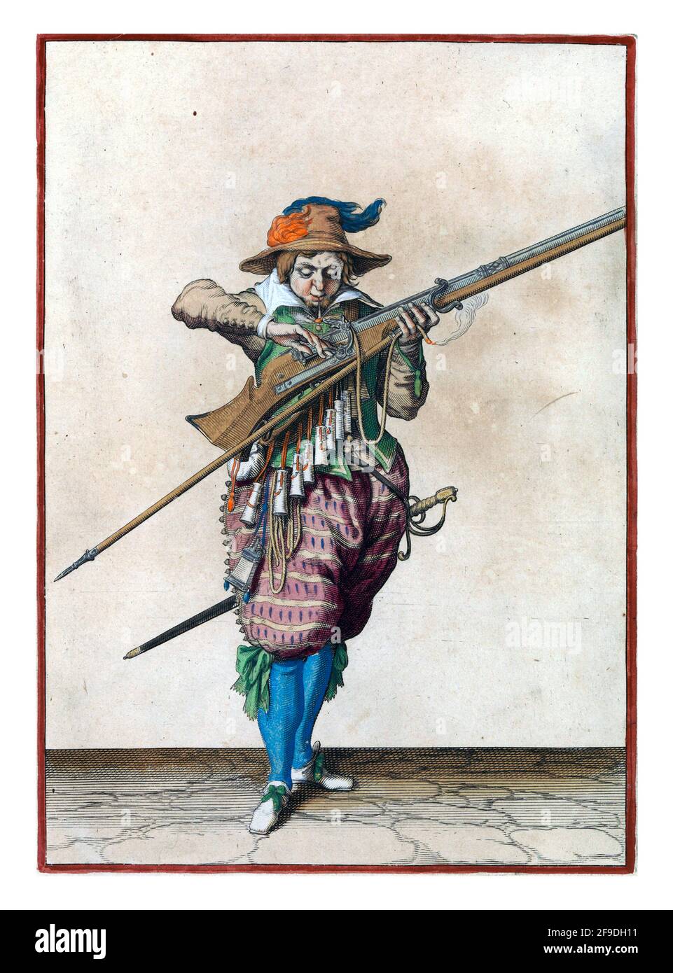 A full-length soldier holding a musket (a type of firearm) with his ...