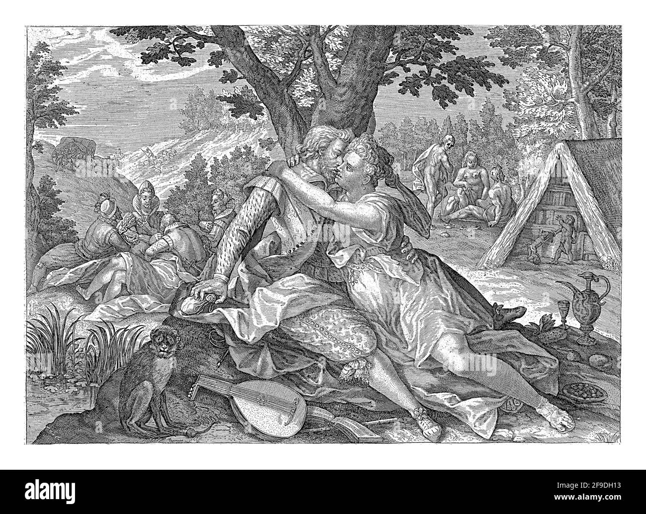 A warning against adultery: a loving couple under a tree. At their feet ...